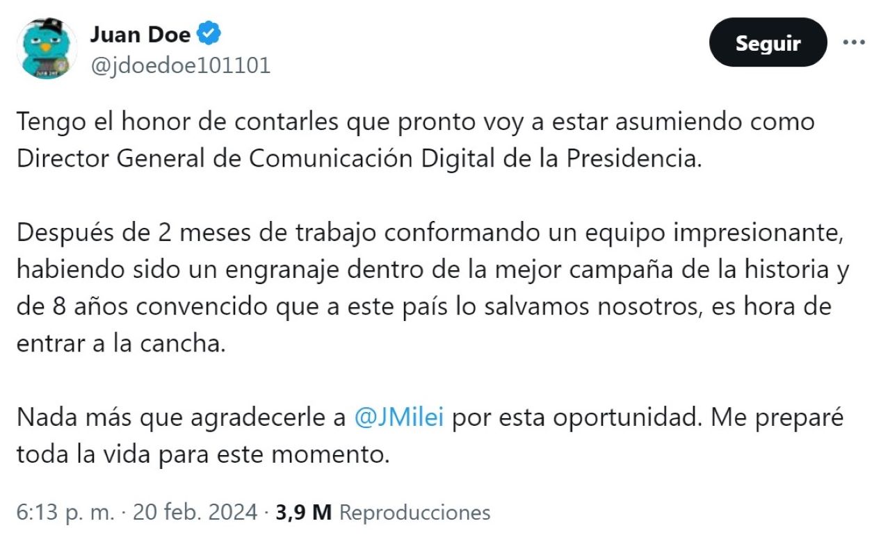 Defensor de Javier Milei en redes sociales se suma a la Comunicación ...